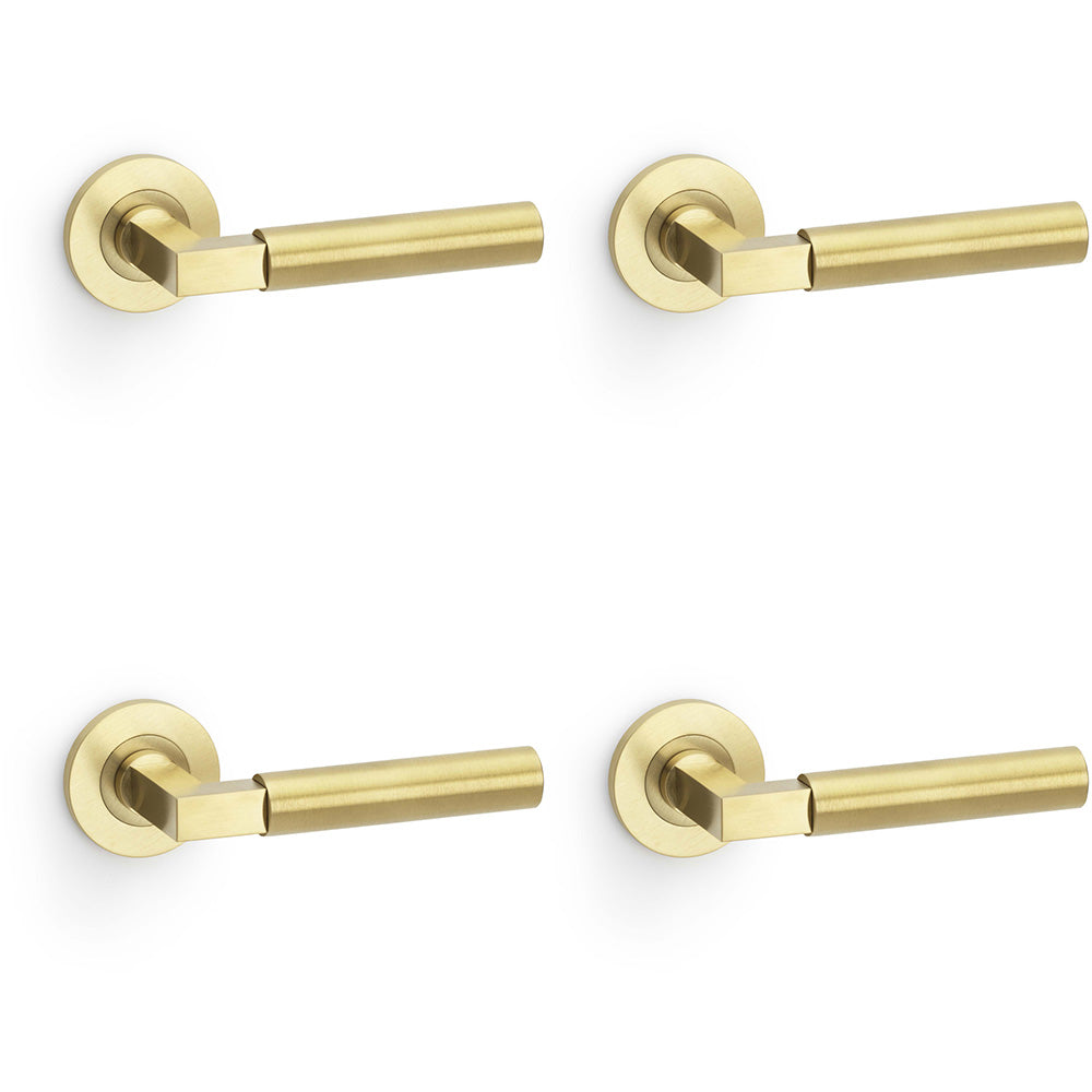 4 PACK - SOLID BRASS Smooth Door Handle Set - Satin Brass Angled Lever ...