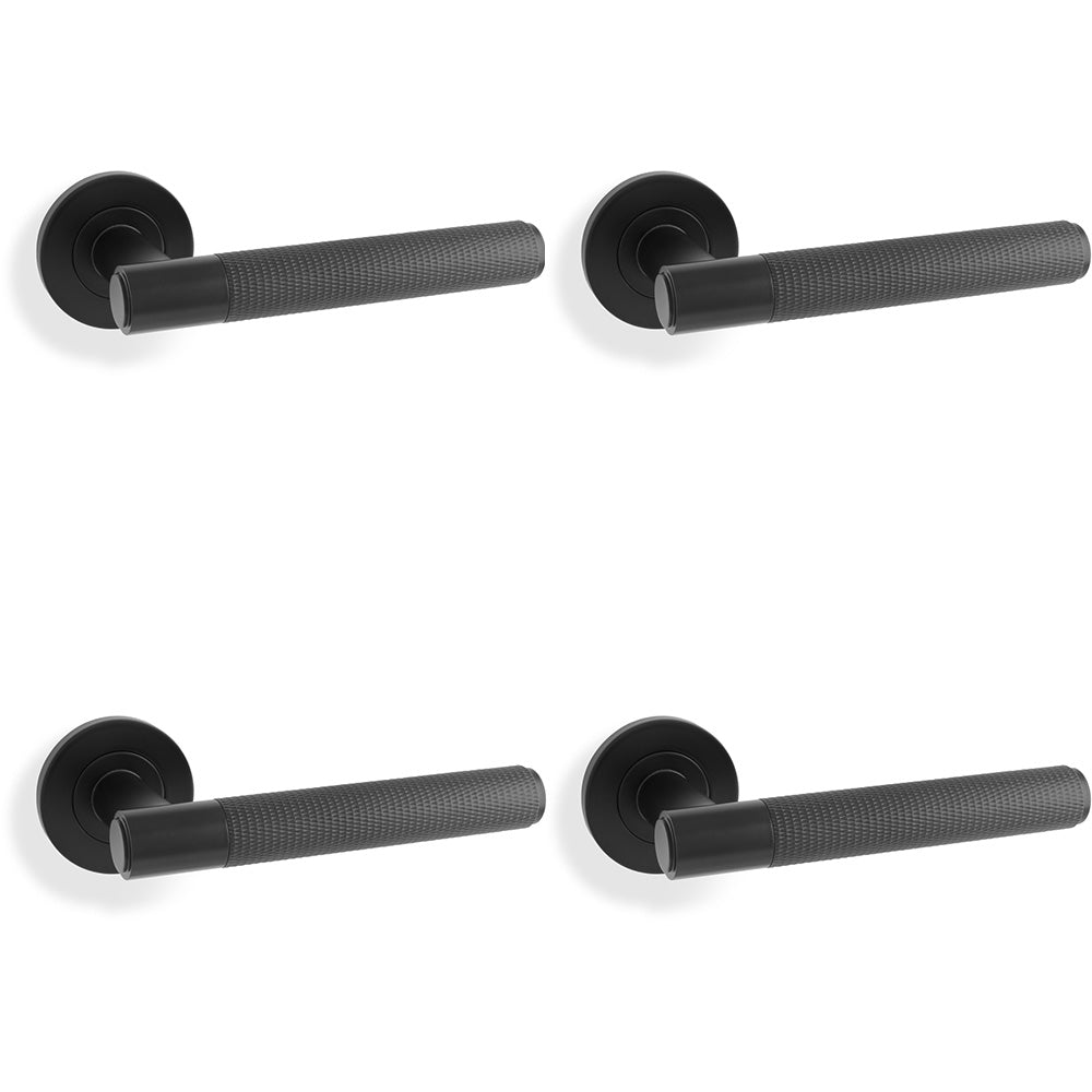 4 PACK - SOLID BRASS Knurled Door Handle Set - Matt Black Straight Lev ...