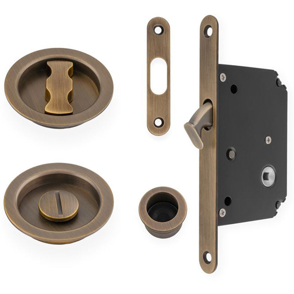 Sliding Pocket Door Lock & Latch Set - Antique Brass Rounded Forend Fi ...