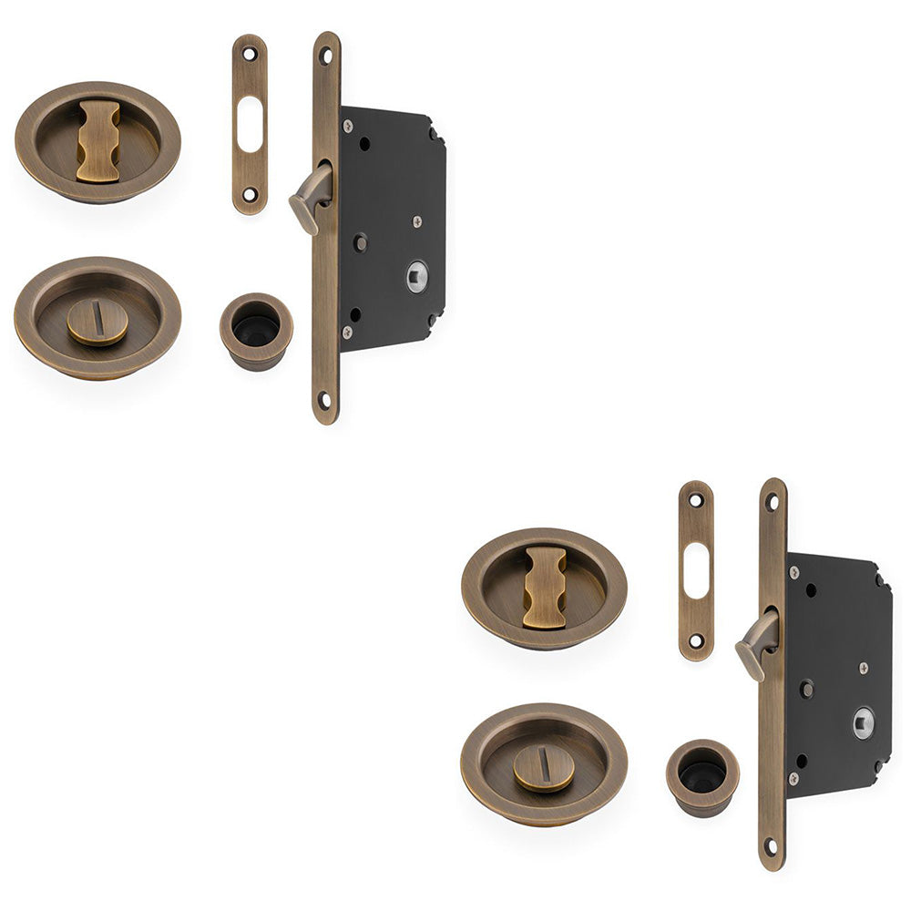 2 PACK - Sliding Pocket Door Lock & Latch Set - Antique Brass Rounded ...