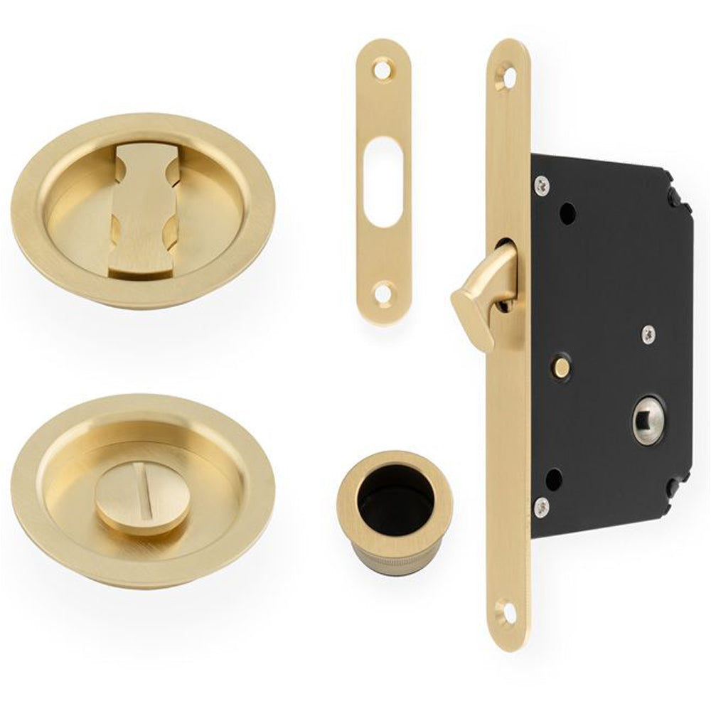 Sliding Pocket Door Lock & Latch Set - Satin Brass Rounded Forend Fing ...