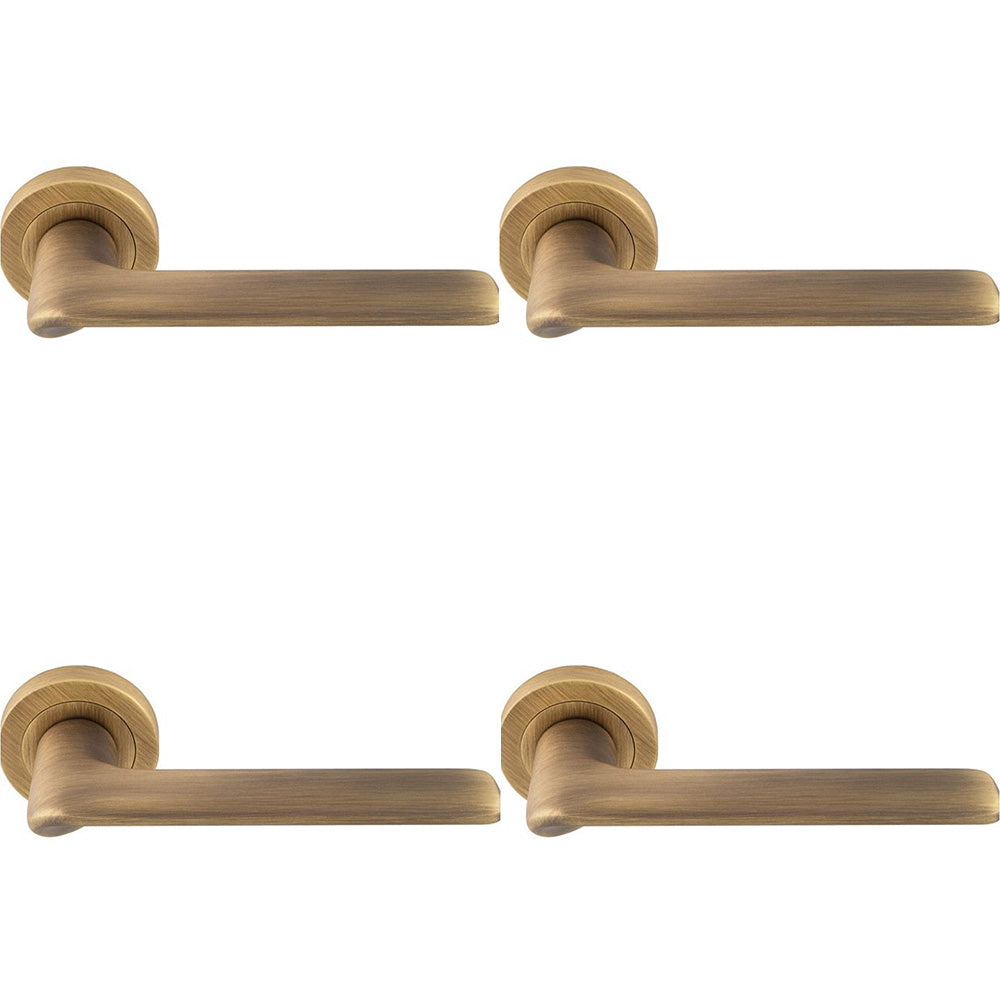 4 PACK - Contemporary Flat Door Handle Set - Antique Brass Smooth Leve ...