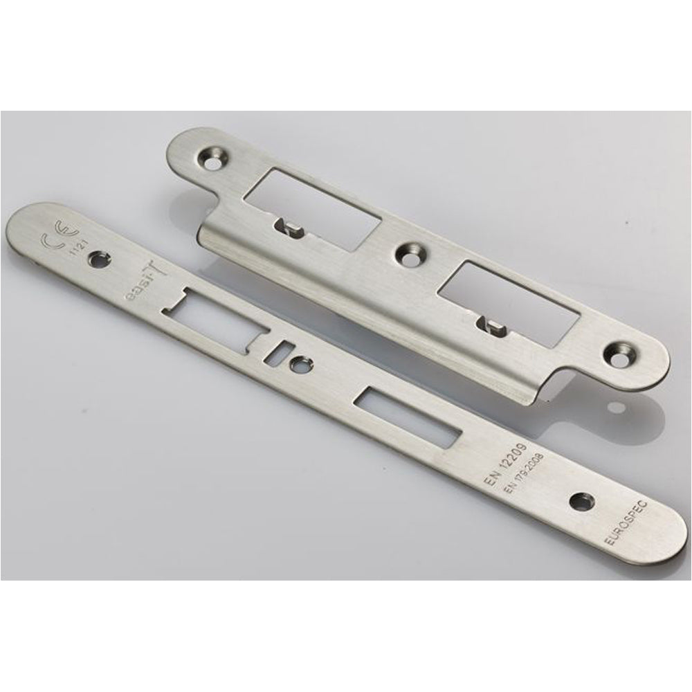 DIN Escape Lock Door Frame Forend Strike & Fixing Pack - Satin Steel R ...