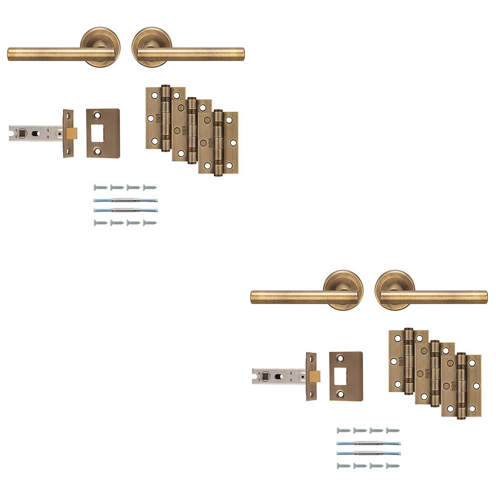 2 PACK Premium Door Handle & Latch Pack Set- Antique Brass Straight Ba ...