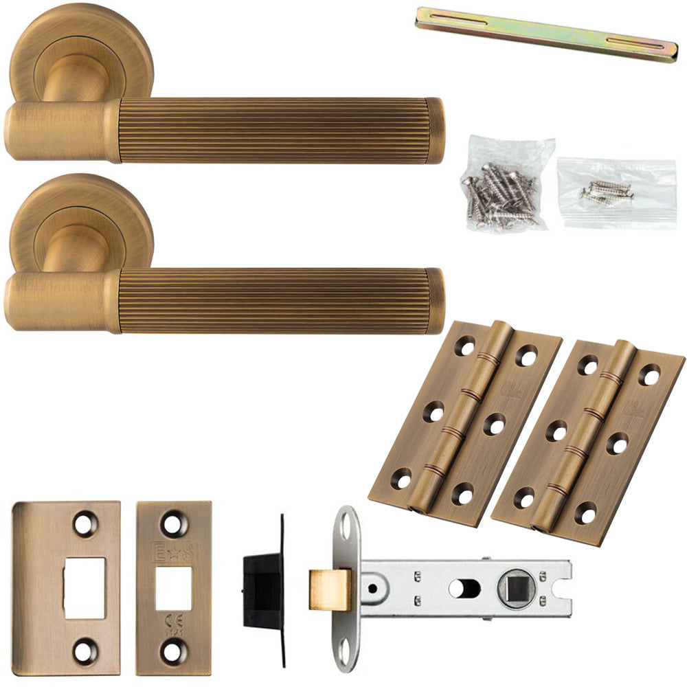 Door Handle & Latch Pack - Antique Brass - Flared Lined Reeded Lever O ...