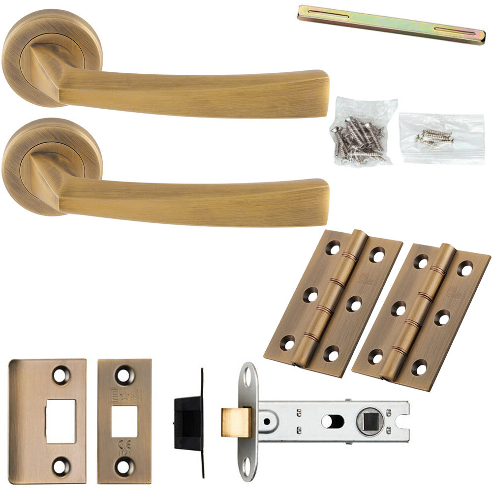 Door Handle & Latch Pack - Antique Brass - Angled Arch Bar Lever On Ro ...