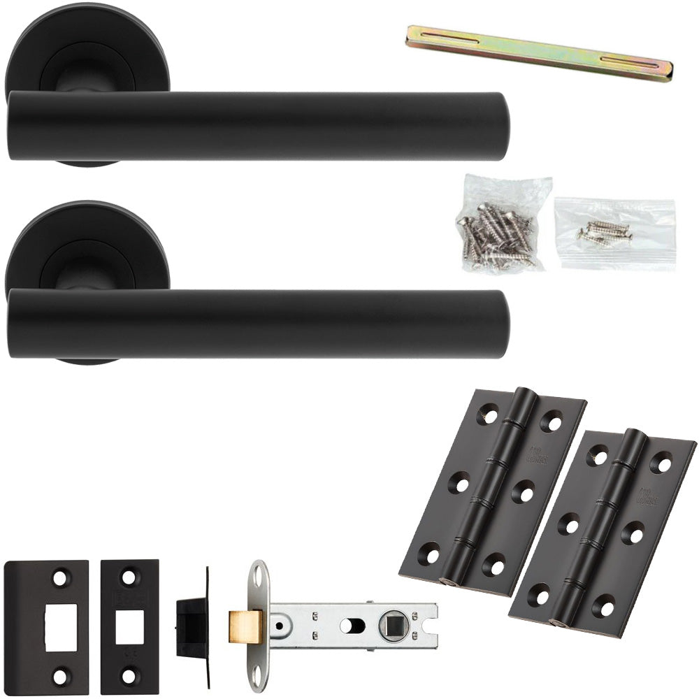 Door Handle & Latch Pack - Matt Black - Straight Round Bar Lever On Ro ...