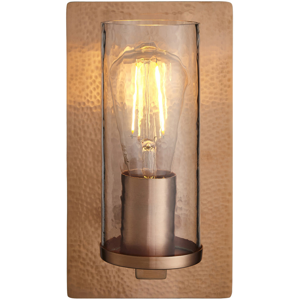 Copper Hammered Dimmable Wall Light - Clear Textured Round Glass Shade ...