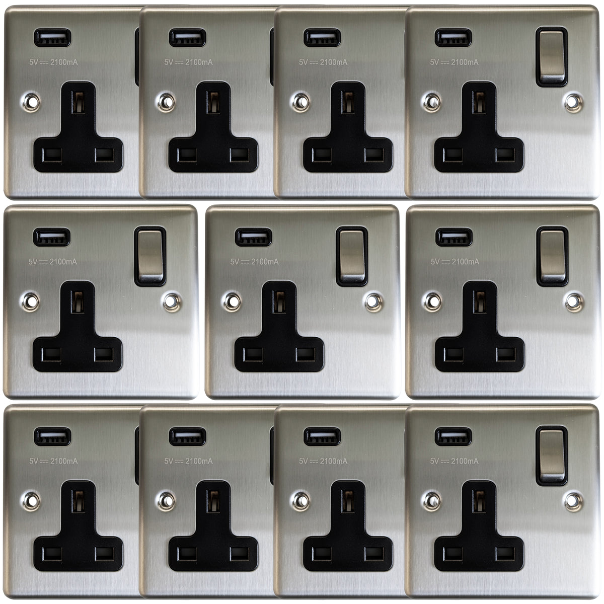 10 PACK - 1 Gang Single UK Plug Socket & 2.1A USB SATIN STEEL & Black ...