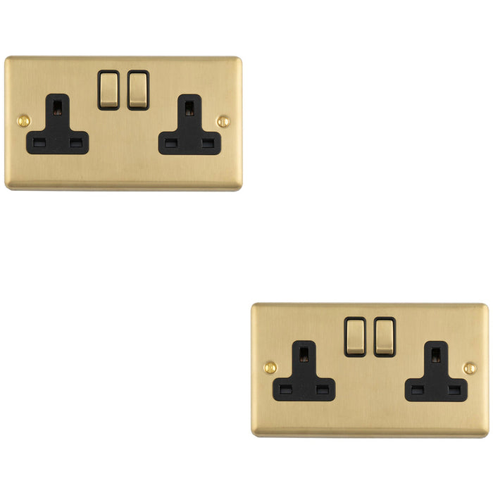 2 PACK 2 Gang Double UK Plug Socket SATIN BRASS & BLACK 13A Switched M ...