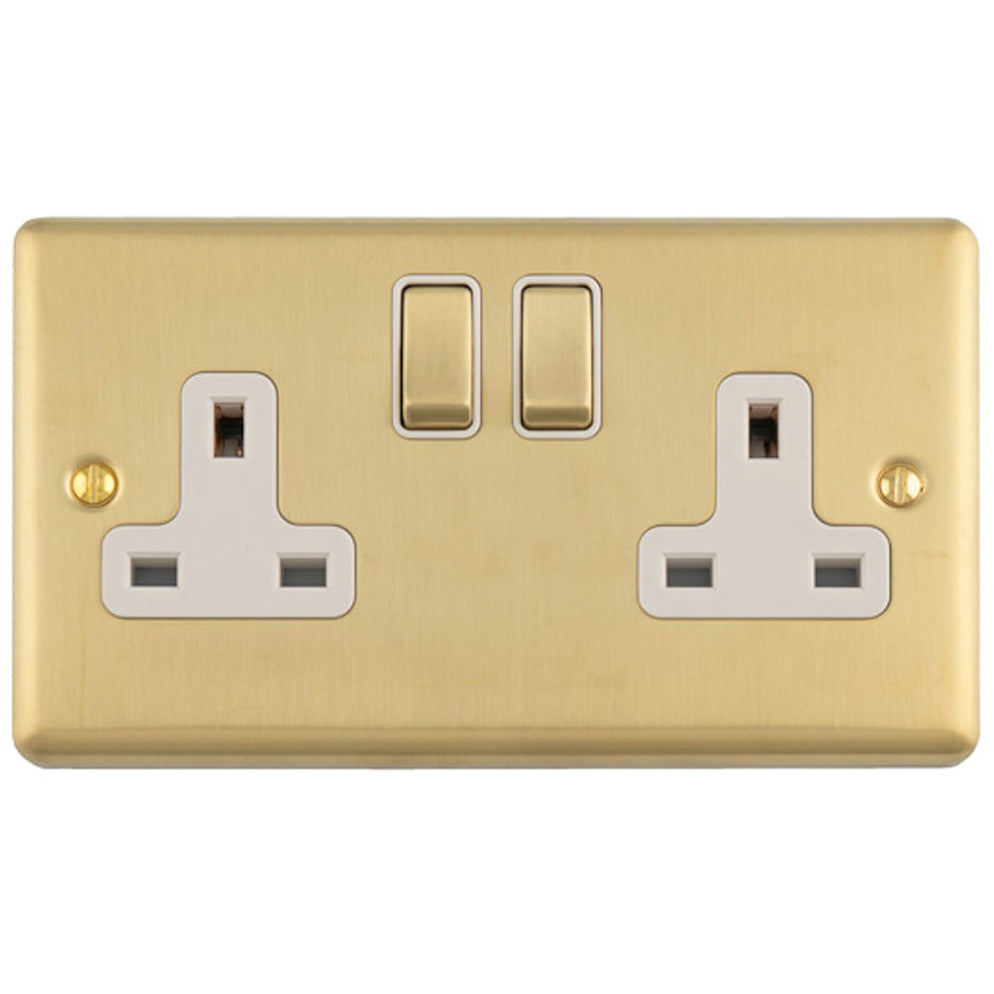 2 Gang Double UK Plug Socket SATIN BRASS & WHITE 13A Switched Mains Wa ...