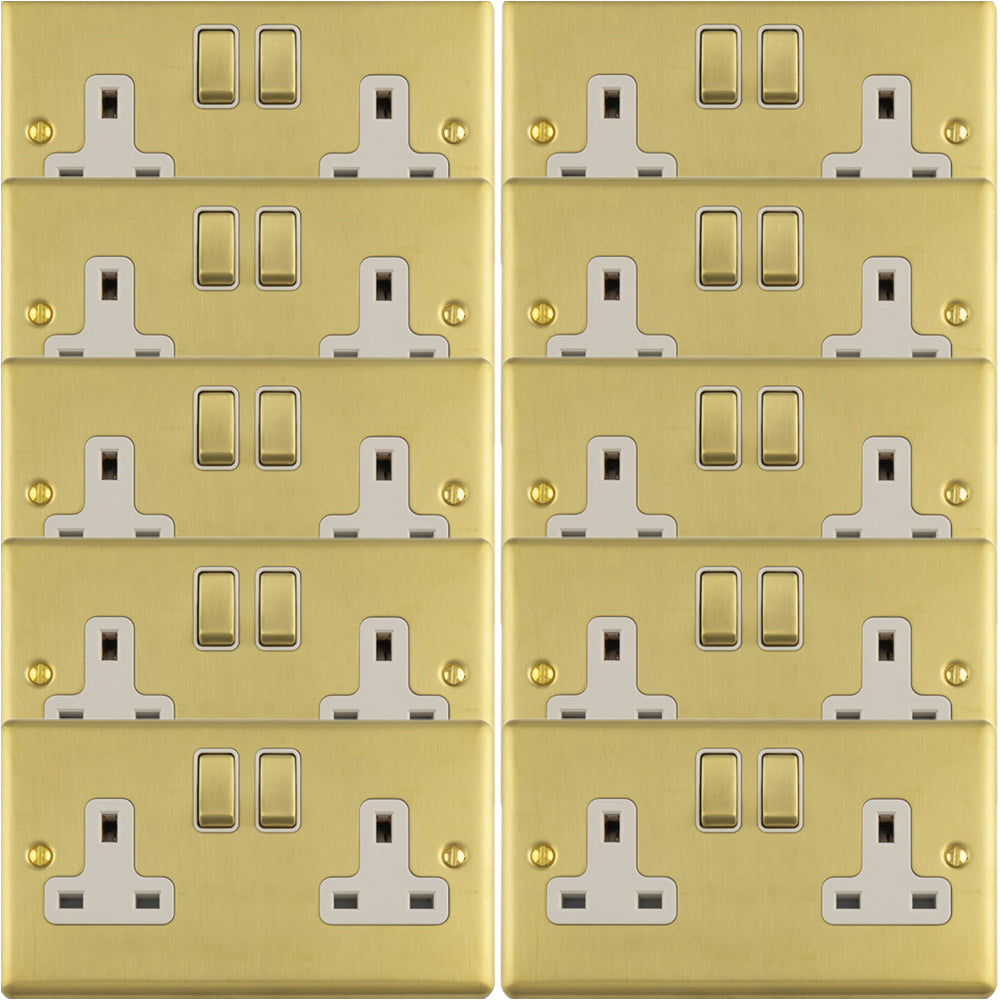 10 PACK 2 Gang Double UK Plug Socket SATIN BRASS & WHITE 13A Switched ...