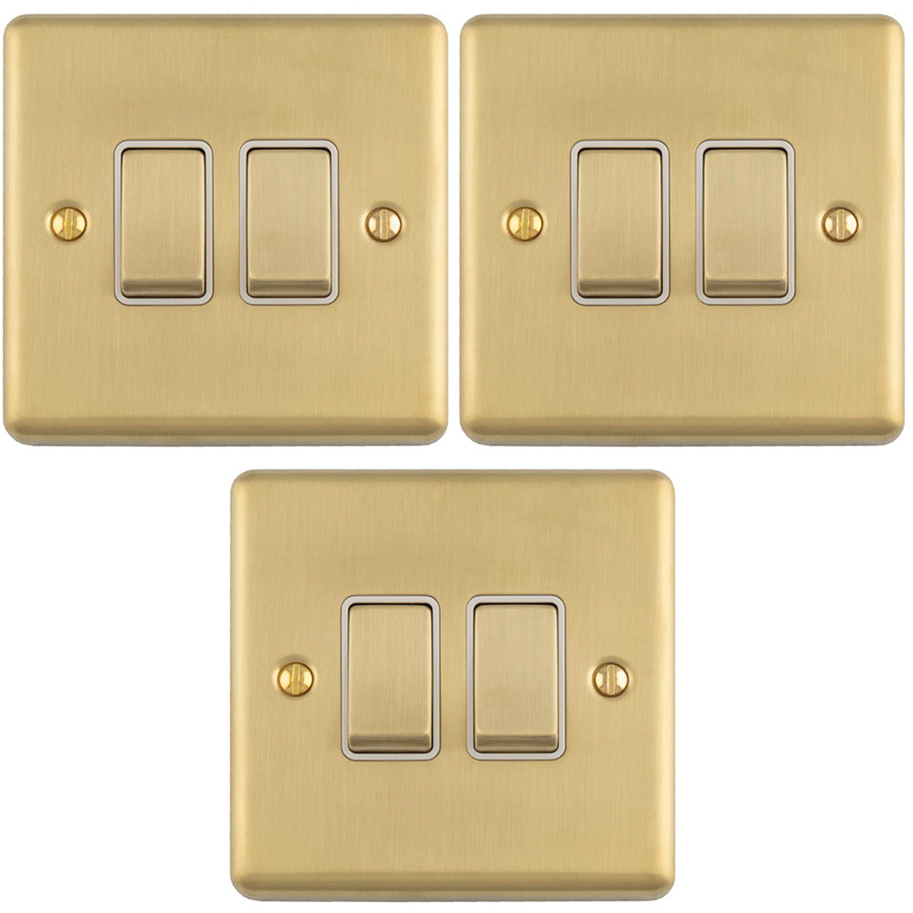3 PACK 2 Gang Double Light Switch SATIN BRASS 2 Way 10A White Trim & M ...