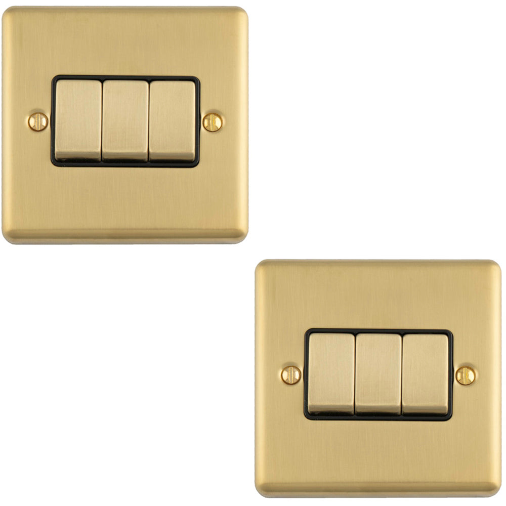2 PACK 3 Gang Triple Light Switch SATIN BRASS 2 Way 10A Black Trim & M ...