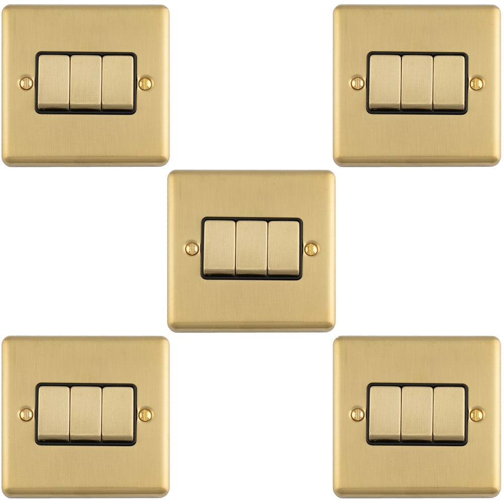 5 PACK 3 Gang Triple Light Switch SATIN BRASS 2 Way 10A Black Trim & M ...