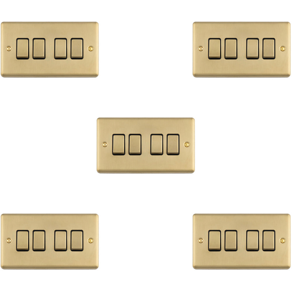 5 PACK 4 Gang Quad Light Switch SATIN BRASS 2 Way 10A Black Trim & Met ...