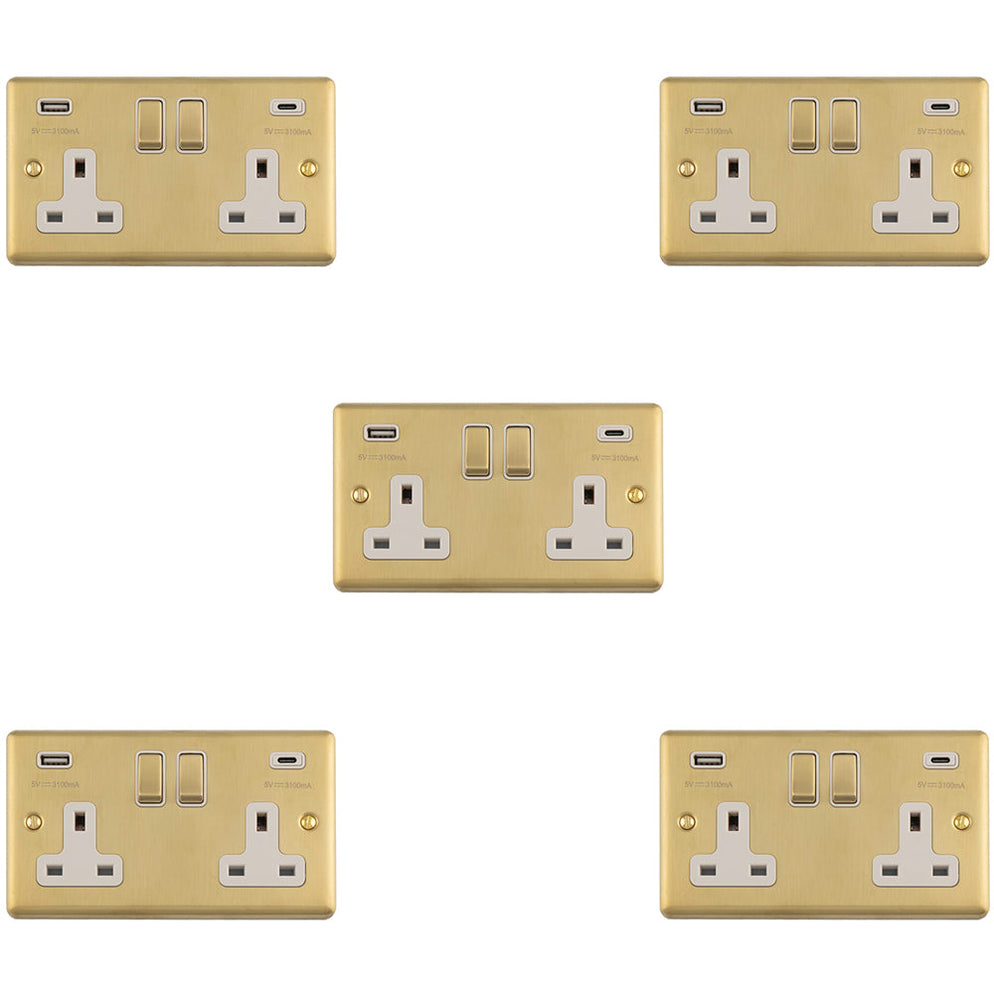 5 PACK 2 Gang Double UK Plug Socket & Dual 3.1A USB-C USB-A SATIN BRAS ...