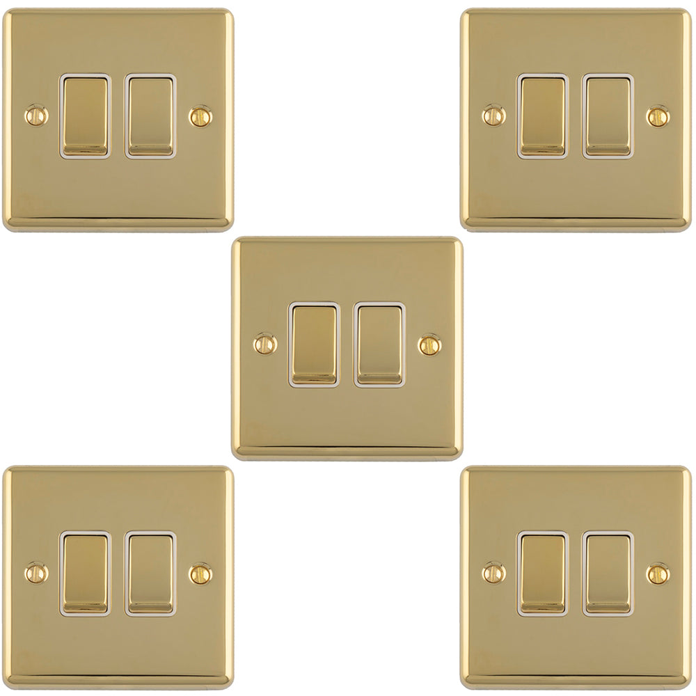 5 PACK 2 Gang Double Light Switch POLISHED BRASS 2 Way 10A White Trim ...
