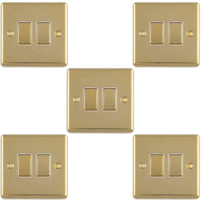 5 PACK 2 Gang Double Light Switch POLISHED BRASS 2 Way 10A White Trim ...