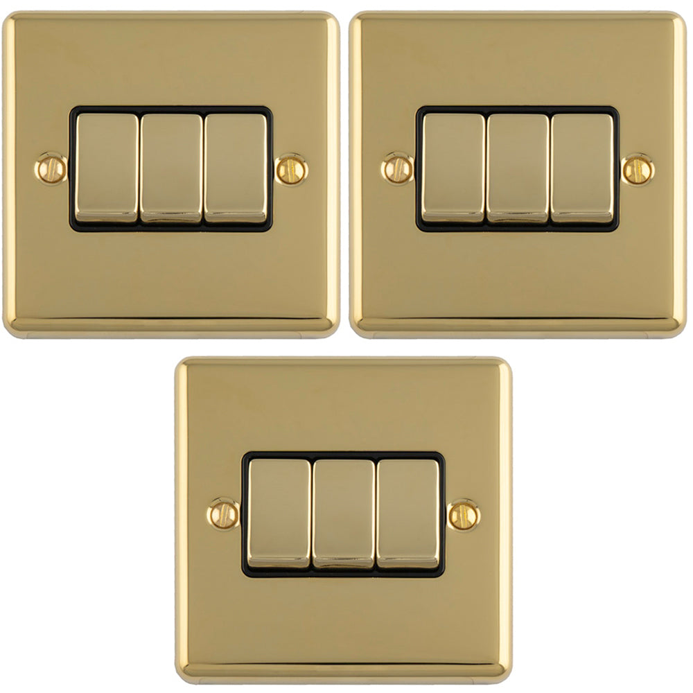 3 PACK 3 Gang Triple Light Switch POLISHED BRASS 2 Way 10A Black Trim ...