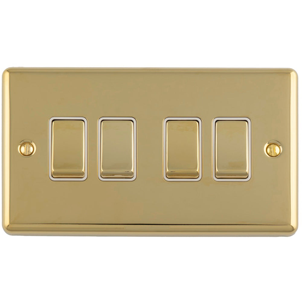 4 Gang Quad Light Switch POLISHED BRASS 2 Way 10A White Trim & Metal R ...