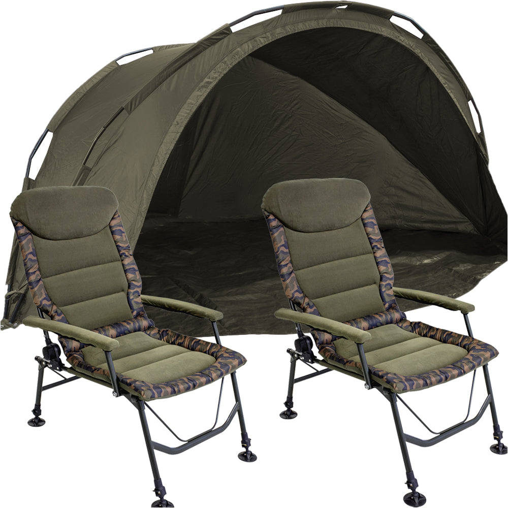 2 Man Waterproof Carp Fishing Bivvy Tent & 2x Reclining Adjustable Cha ...