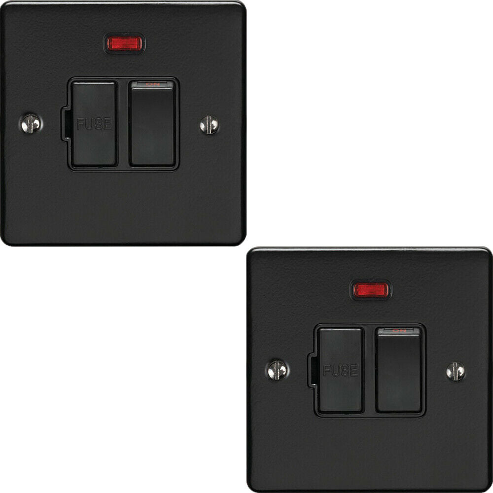 2 PACK 13A DP Switched Fuse Spur & Neon Light MATT BLACK & Black Isola ...