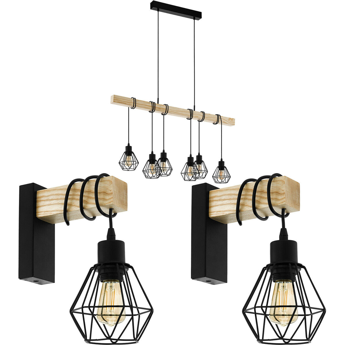 Multi Bulb Ceiling Pendant Light & 2x Matching Wall Lights Black Cage ...