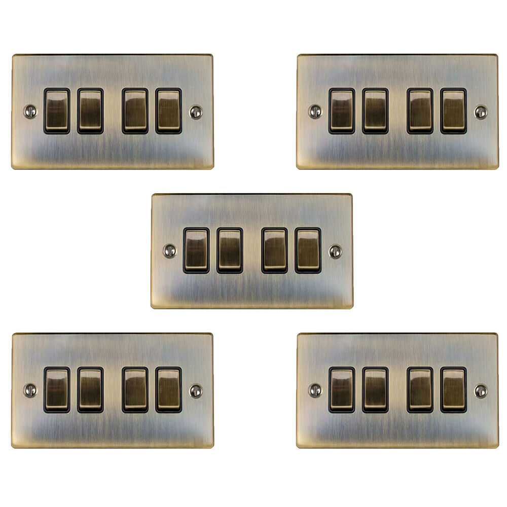 5 PACK 4 Gang Quad Light Switch ANTIQUE BRASS 2 Way 10A Black Trim ...