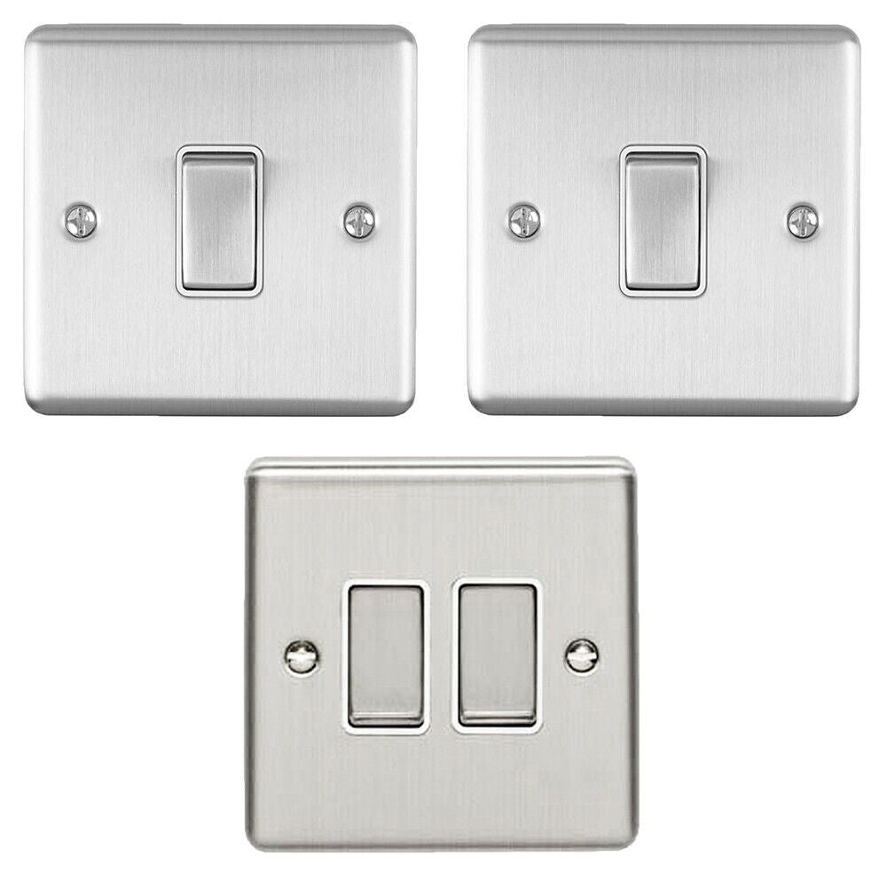 Light Switch Pack - 2x Single & 1x Double Gang - SATIN STEEL / Grey 2 ...