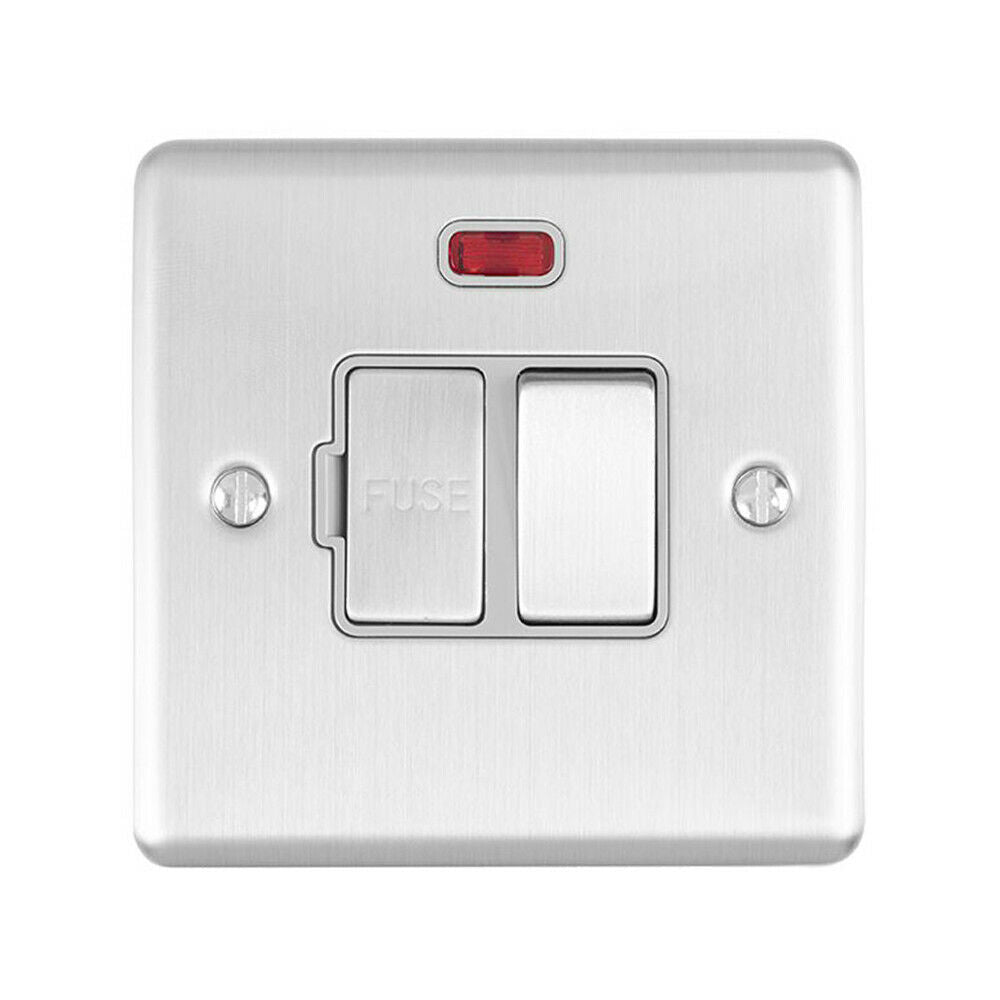 13A DP Switched Fuse Spur & Neon Light SATIN STEEL & Grey Mains Isolat ...
