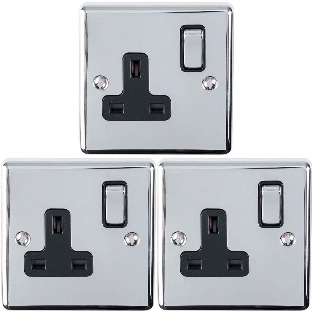 3 PACK 1 Gang Single UK Plug Socket POLISHED CHROME 13A Switched Black ...