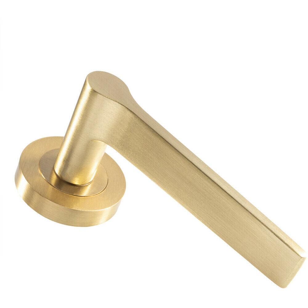 PAIR Straight Rounded Handle on Round Rose Concealed Fix Satin Brass ...