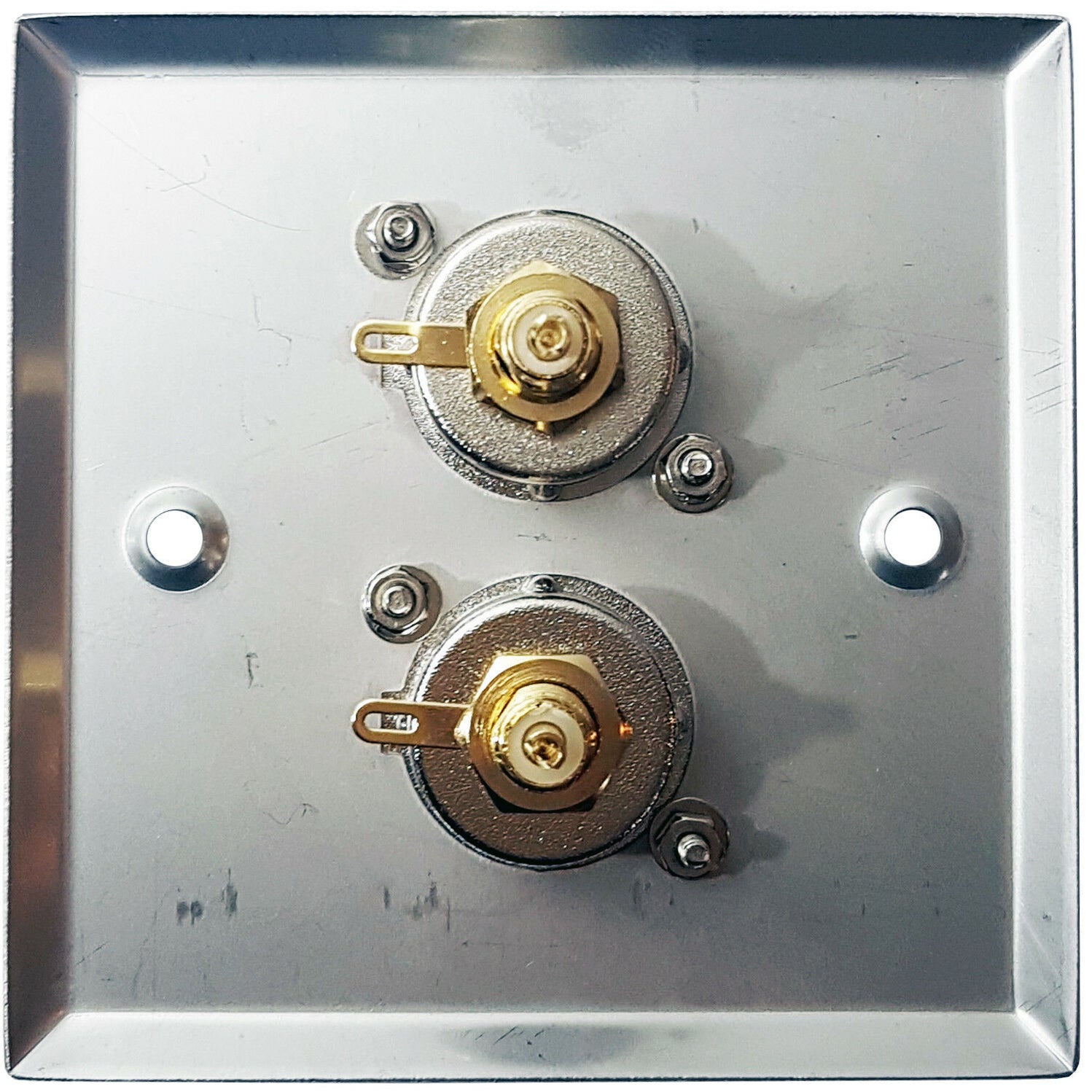 Brushed Steel 2 RCA PHONO Outlet Wall Face Plate Audio Subwoofer Ampli ...