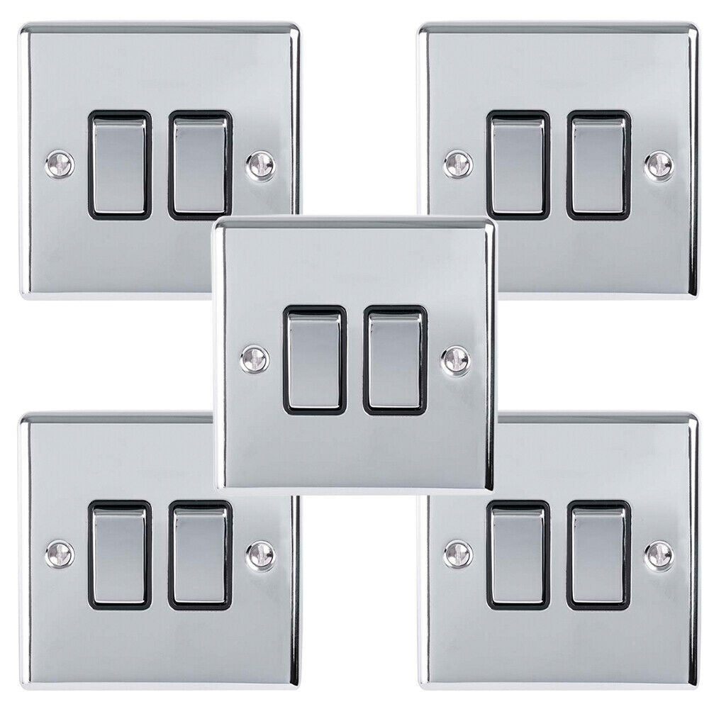 5 PACK 2 Gang Double Metal Light Switch POLISHED CHROME 2 Way 10A Blac ...