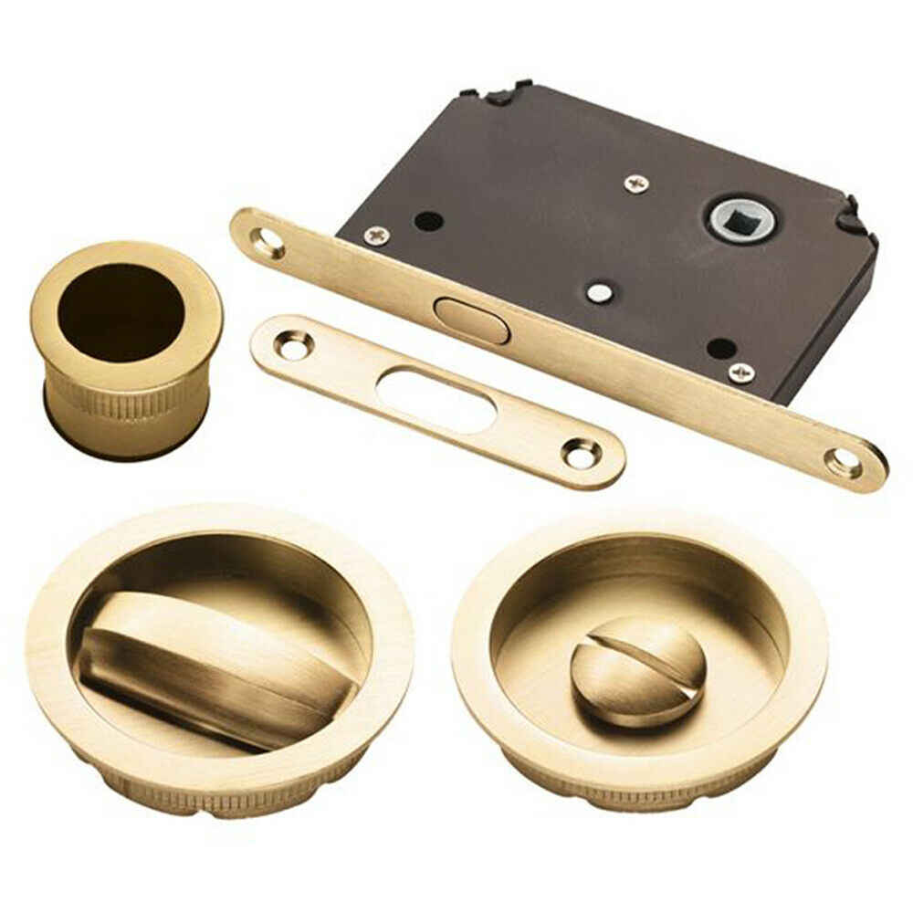 Sliding Bathroom Door Flush Pull Set Turn and Release Lock Satin Brass ...