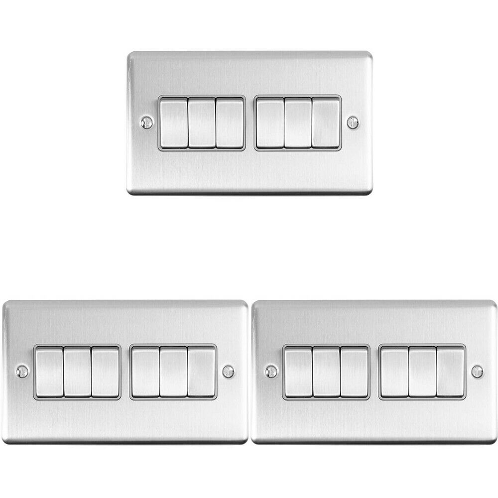3 PACK 6 Gang Metal Multi Light Switch SATIN STEEL 2 Way 10A Grey Trim ...