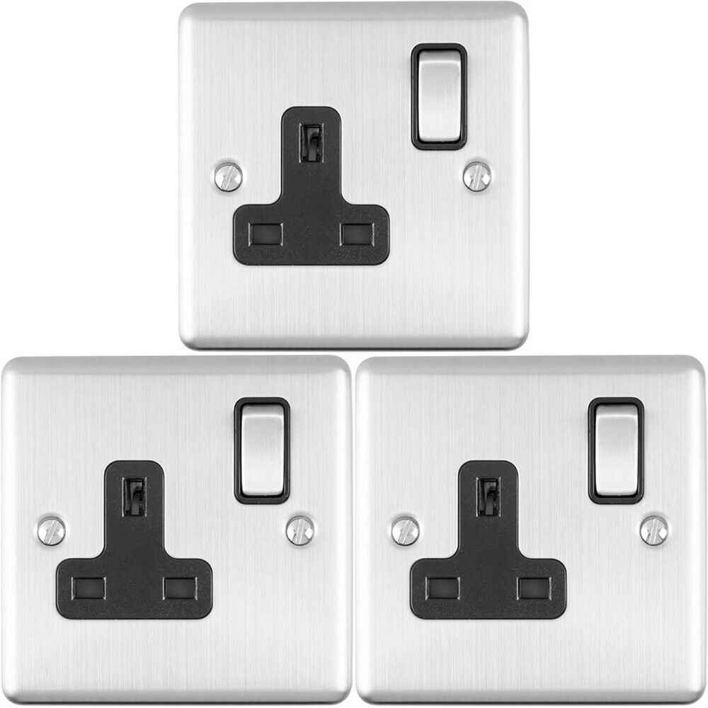 3 PACK 1 Gang Single UK Plug Socket SATIN STEEL 13A Switched Black Tri ...