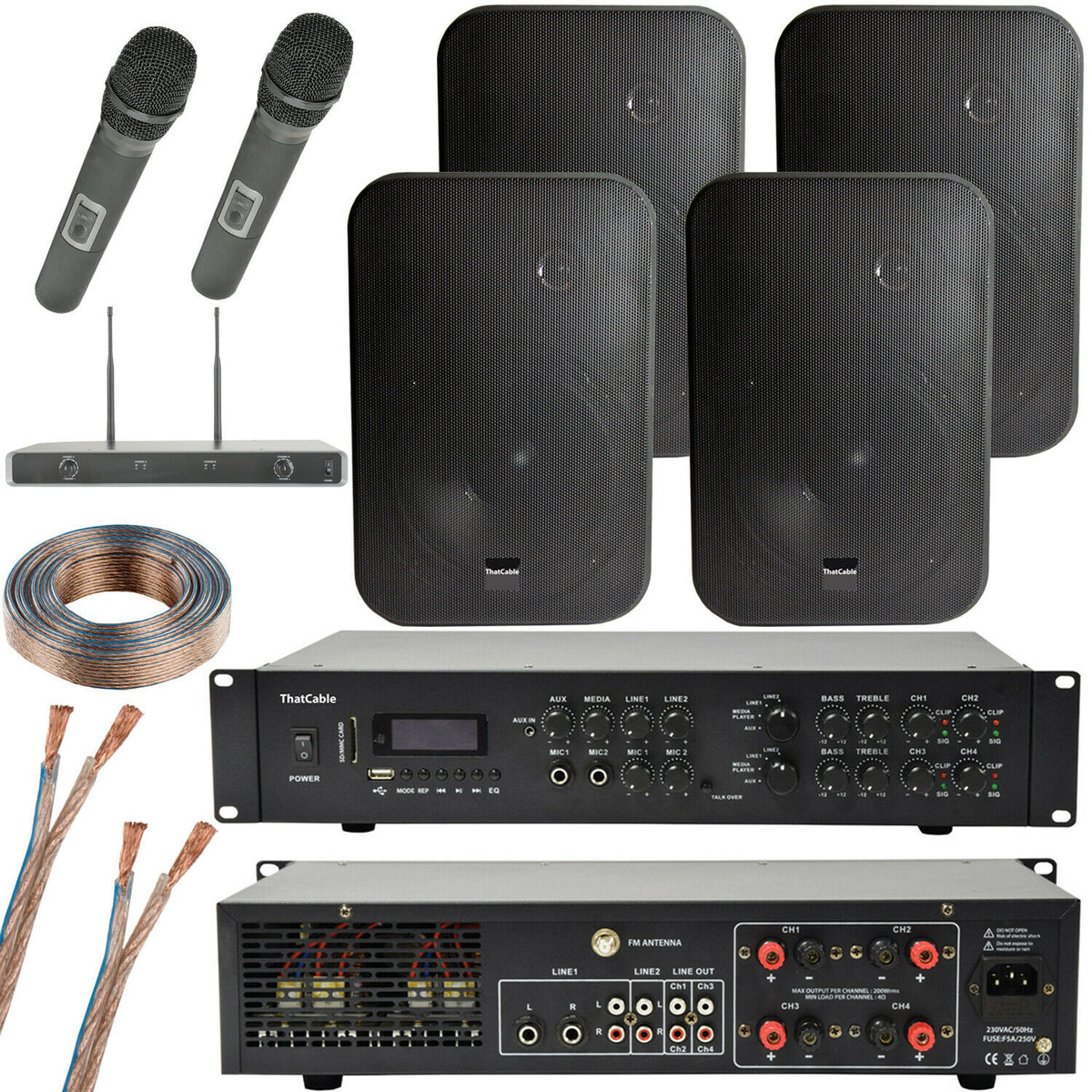 Wireless Microphone Public Address System 4x Black 200W Wall Speakers ...