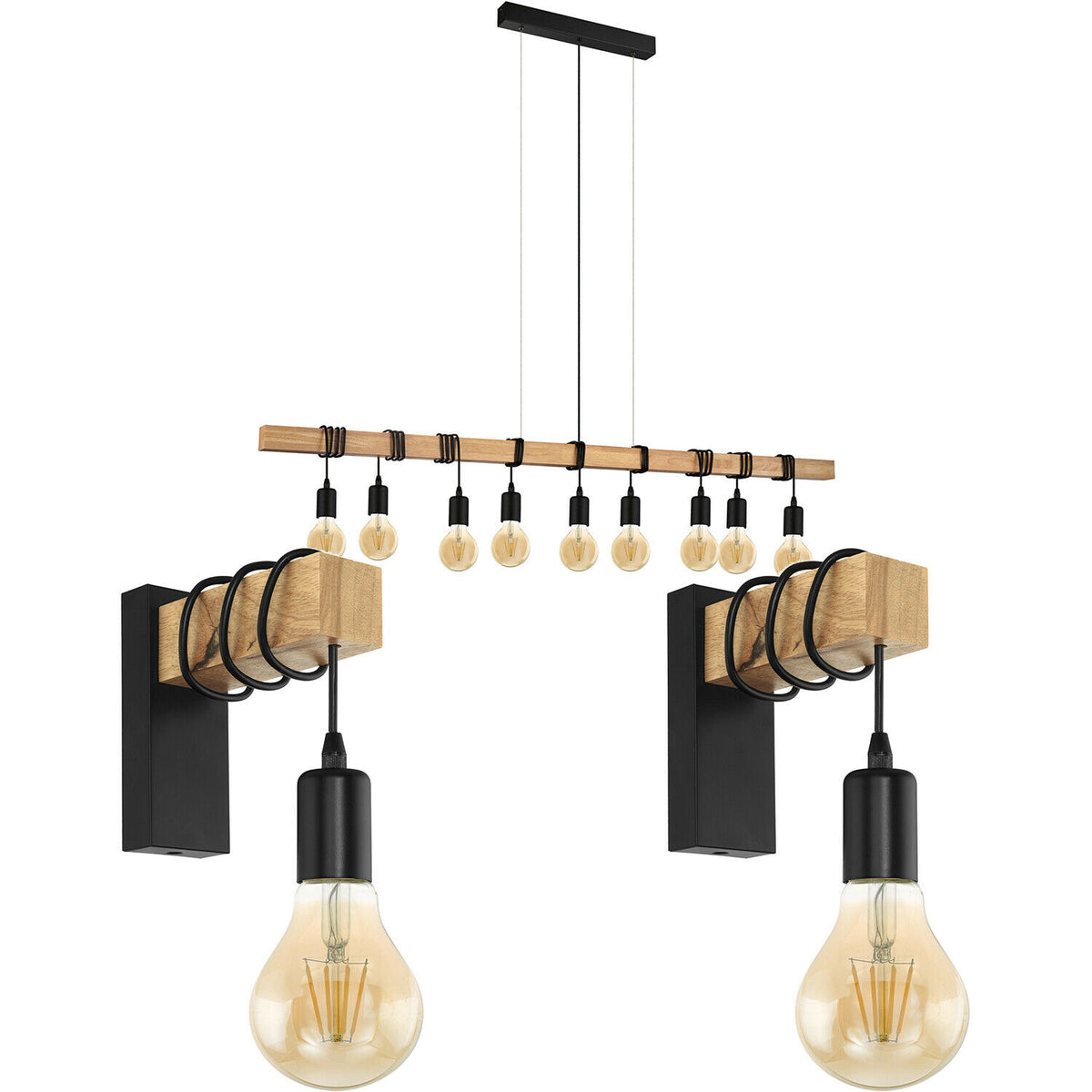 Multi Bulb Ceiling Pendant Light & 2x Matching Wall Lights Black & Woo ...