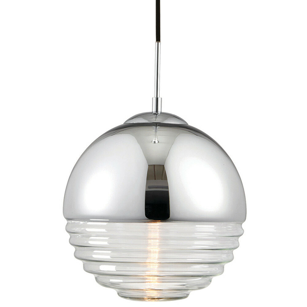 Hanging Ceiling Pendant Light CHROME & RIBBED GLASS Sphere Ball Lamp B ...