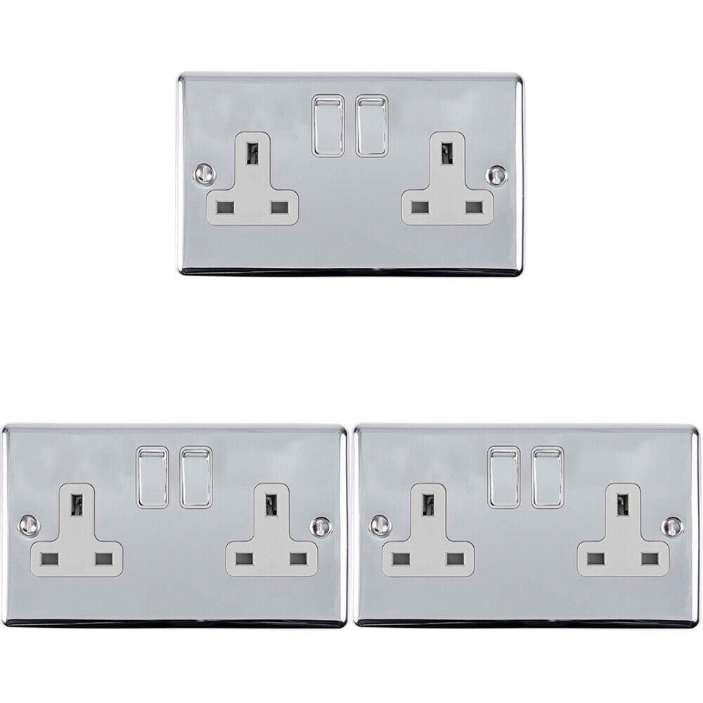 3 PACK 2 Gang Double UK Plug Socket POLISHED CHROME — LoopsDirect
