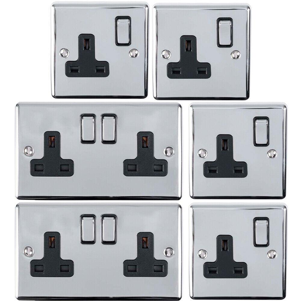 UK Plug Socket Pack -2x Twin & 4x Single Gang- CHROME / Black 13A Swit ...