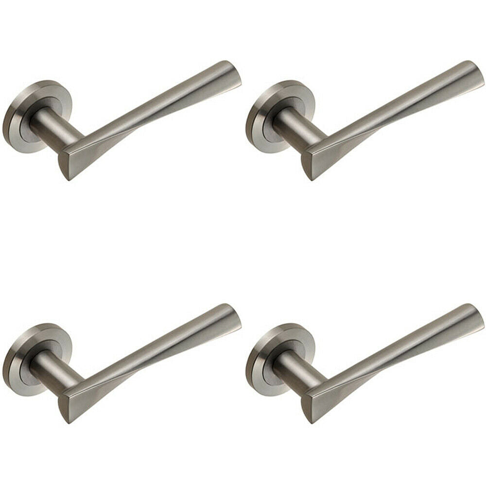 4x PAIR Angular Twisted Lever on Round Rose Concealed Fix Satin Stainl ...