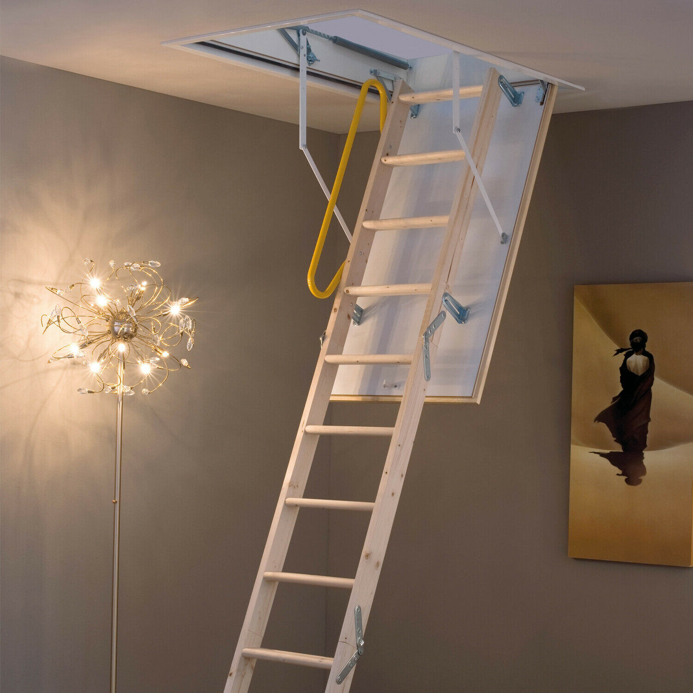 3 Section Timber Folding Loft Ladder & Handle Hatch & Frame 2.8m Max H ...