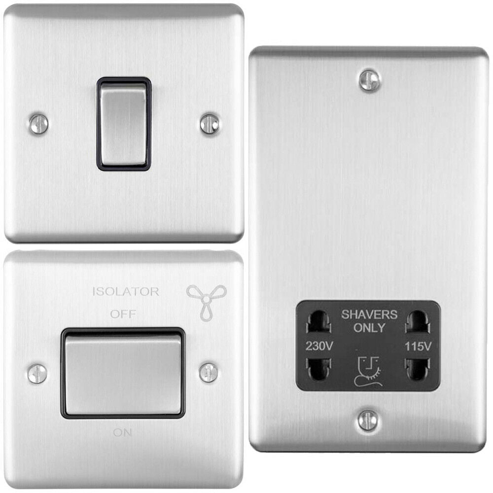 SATIN STEEL Bathroom Switch Set -1 Light | 1 Fan Isolator | 1 Twin Sha ...