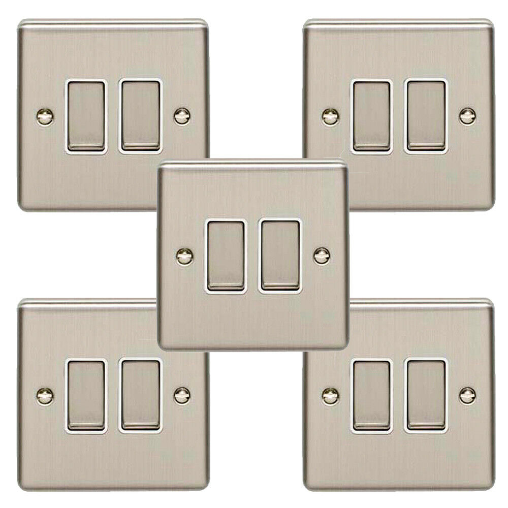 5 PACK 2 Gang Double Metal Light Switch SATIN STEEL 2 Way 10A White Tr ...