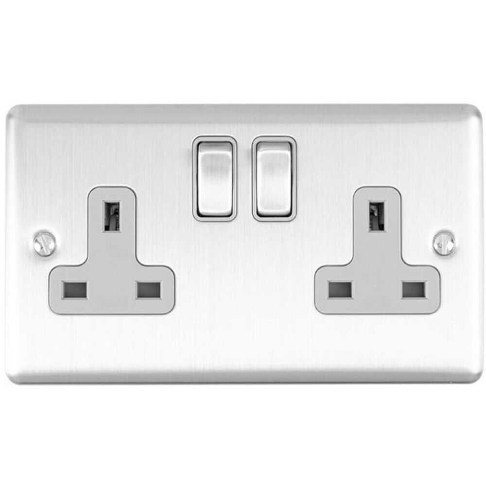 2 Gang Double UK Plug Socket SATIN STEEL 13A Switched Grey Trim Power ...