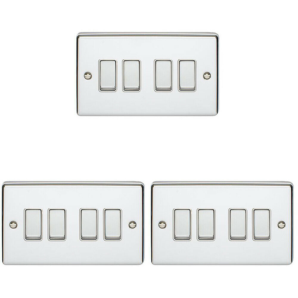 3 PACK 4 Gang Metal Quad Light Switch POLISHED CHROME 2 Way 10A White ...