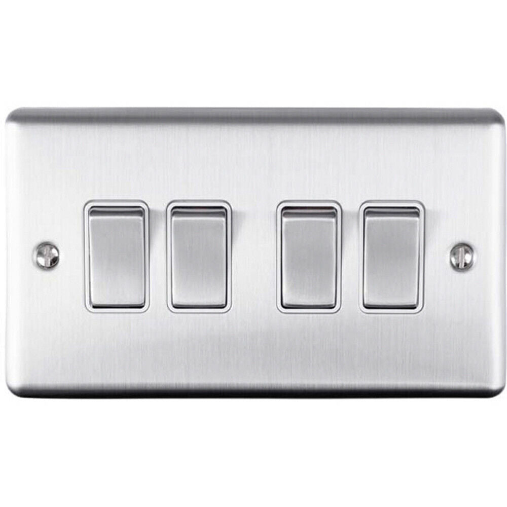 4 Gang Quad Light Switch SATIN STEEL 2 Way 10A White — LoopsDirect